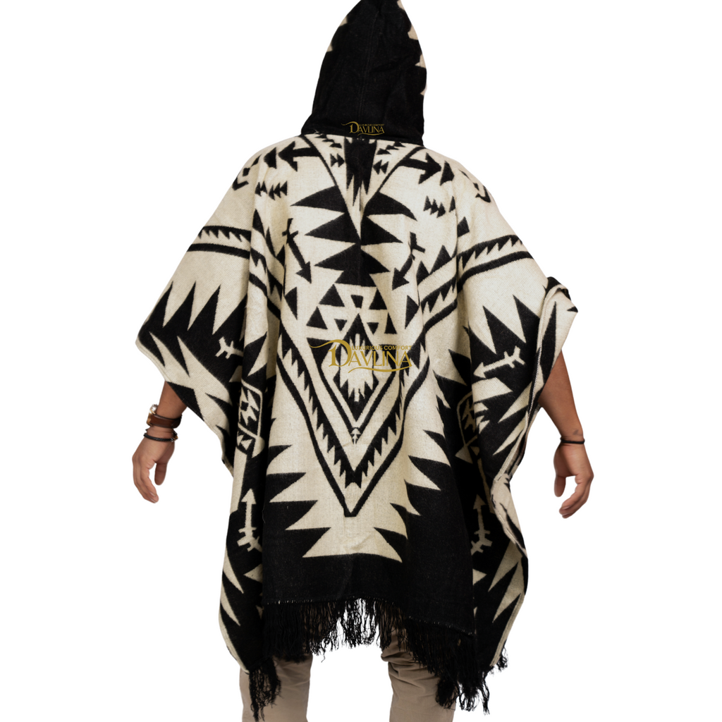 Alpaca Wool Poncho, Aztec Pattern, Hooded, Handmade in Ecuador - Black ...