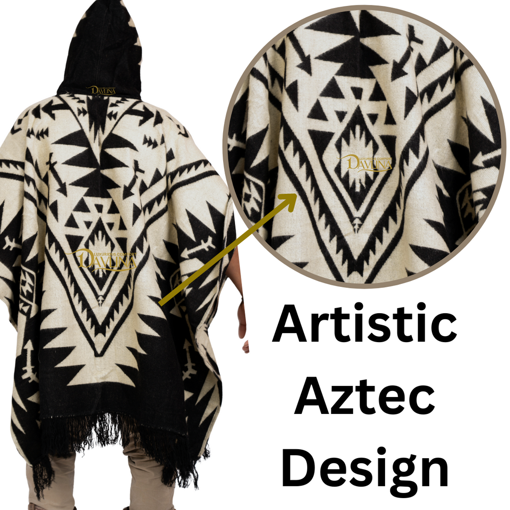 Alpaca Wool Poncho, Aztec Pattern, Hooded, Handmade in Ecuador - Black ...