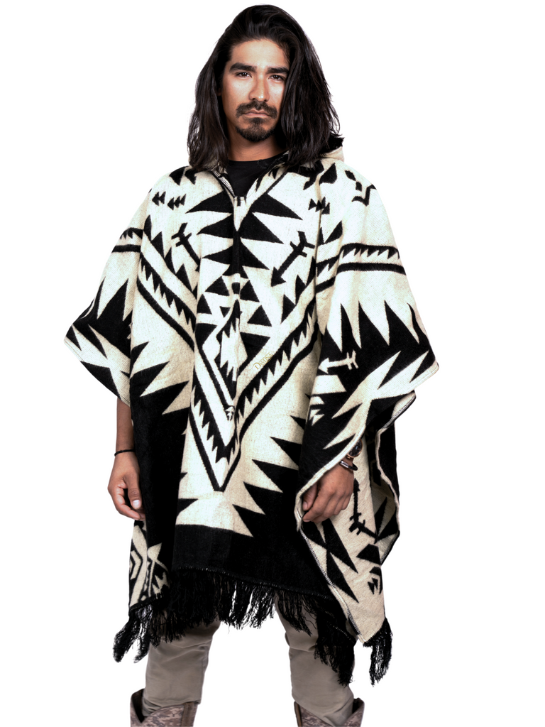 Alpaca Wool Poncho, Aztec Pattern, Hooded, Handmade in Ecuador - Black ...